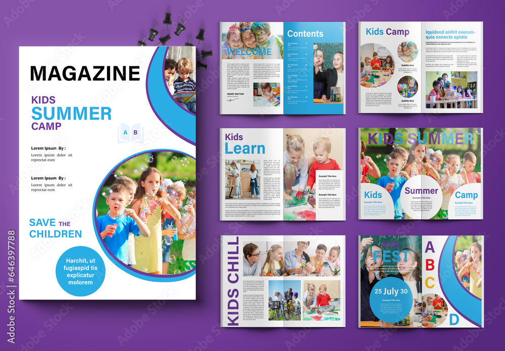 Kids Summer Camp Magazine Layout Stock Template | Adobe Stock