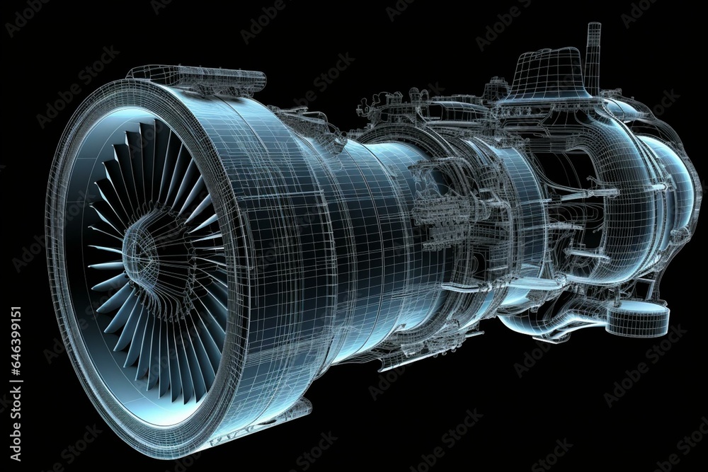 Wireframe of turbojet engine on black background, showcasing the 3D ...