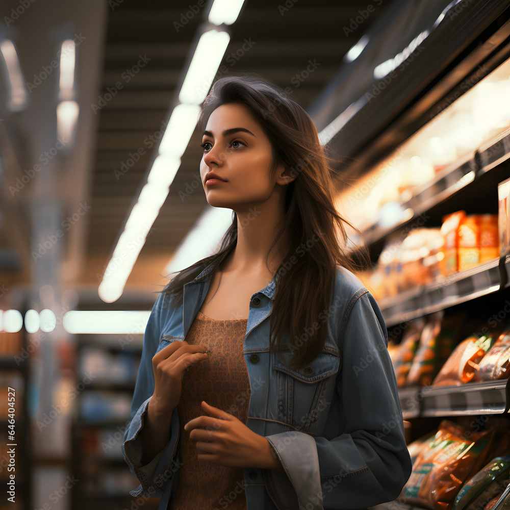 Girl standing in Grocery store looking at different items and products ...