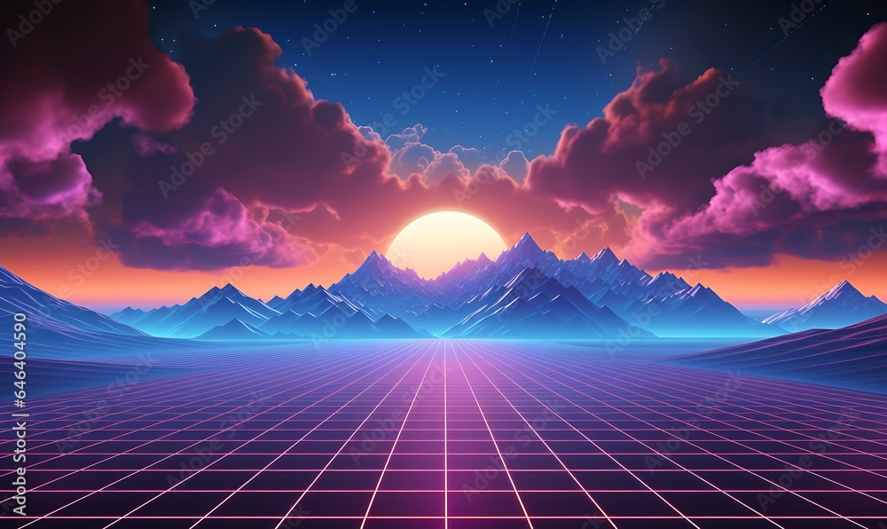 80s retro scene with solarizing master style, desert waves, horizon ...