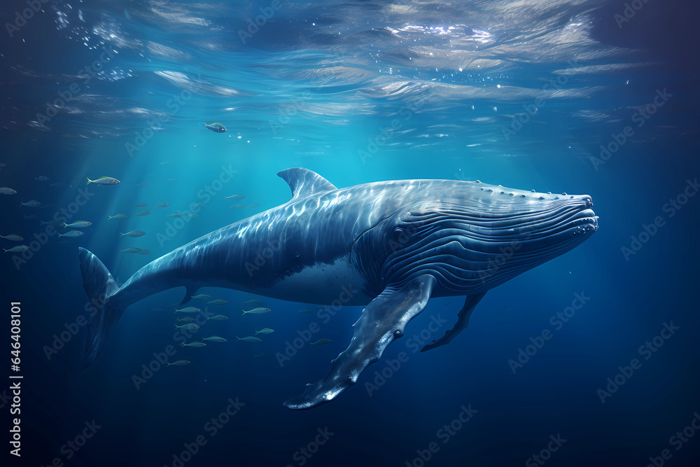 großer Wal (Blauwal, Buckelwal, Grauwal) im Ozean unter der Oberfläche ...