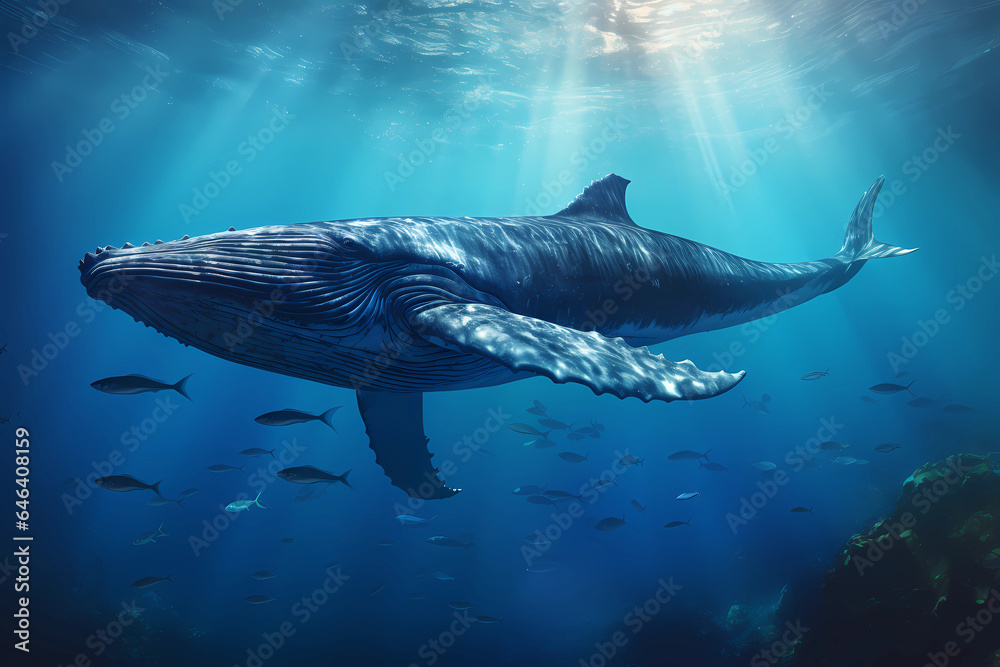 großer Wal (Blauwal, Buckelwal, Grauwal) im Ozean unter der Oberfläche ...