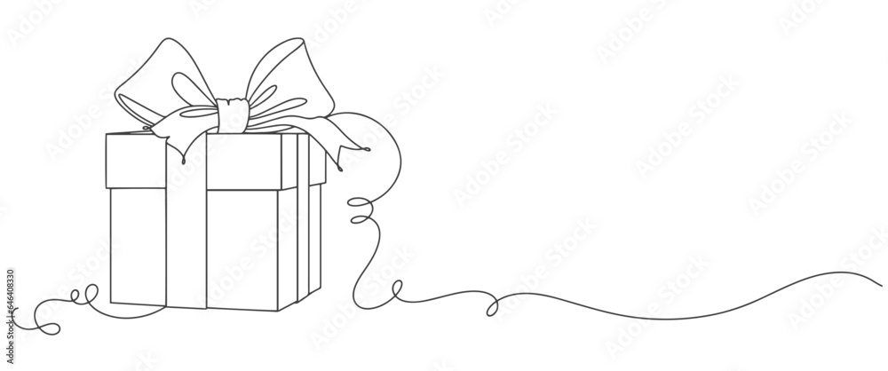 Out line drawing of gift box. Wrapped surprise package for christmas or ...