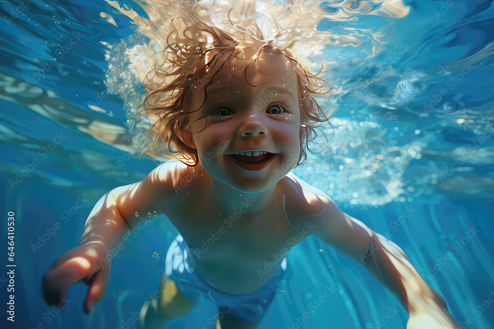 Cute little baby swimming underwater in the pool, smiling at the camera ...