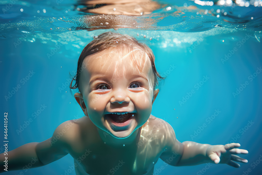 Cute little baby swimming underwater in the pool, smiling at the camera ...