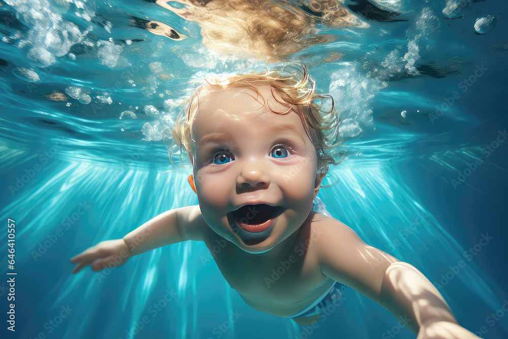 Cute little baby swimming underwater in the pool, smiling at the camera ...