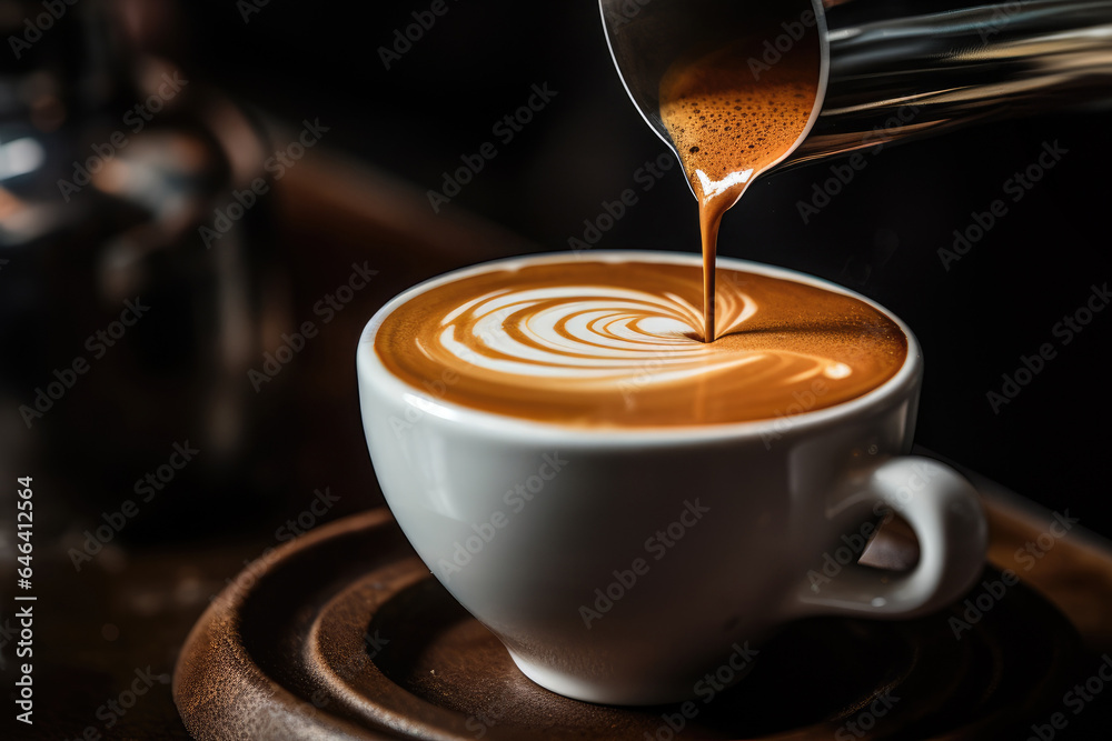 Coffee art. Close up of Barista hand pouring milk into cup of coffee ...