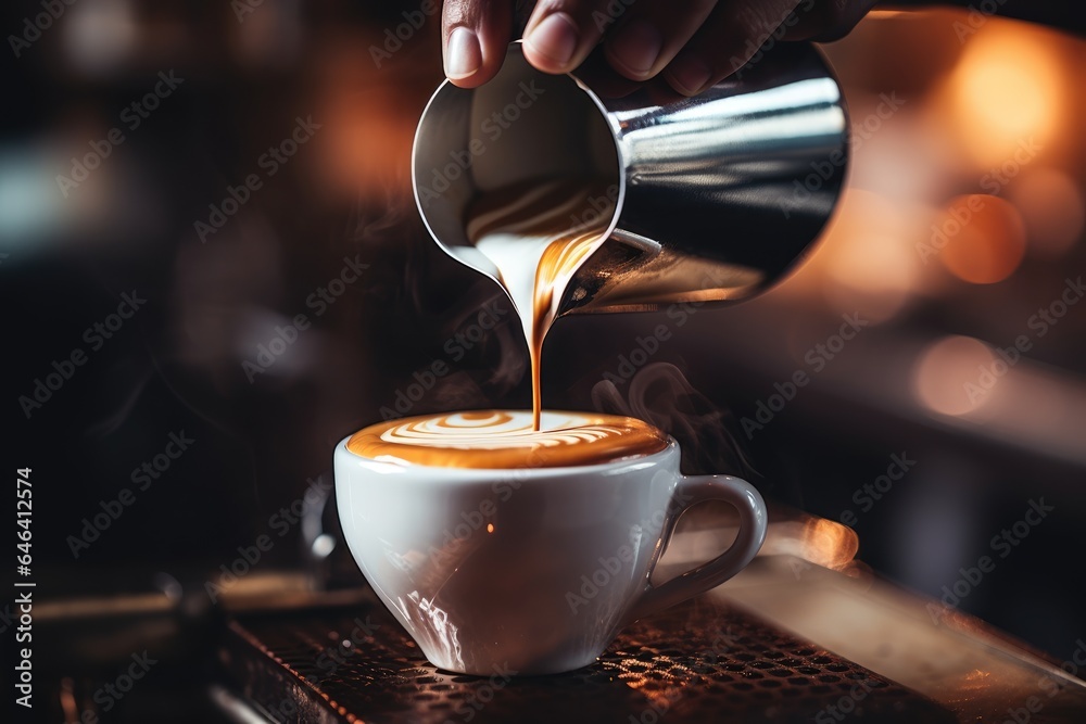 Coffee art. Close up of Barista hand pouring milk into cup of coffee ...