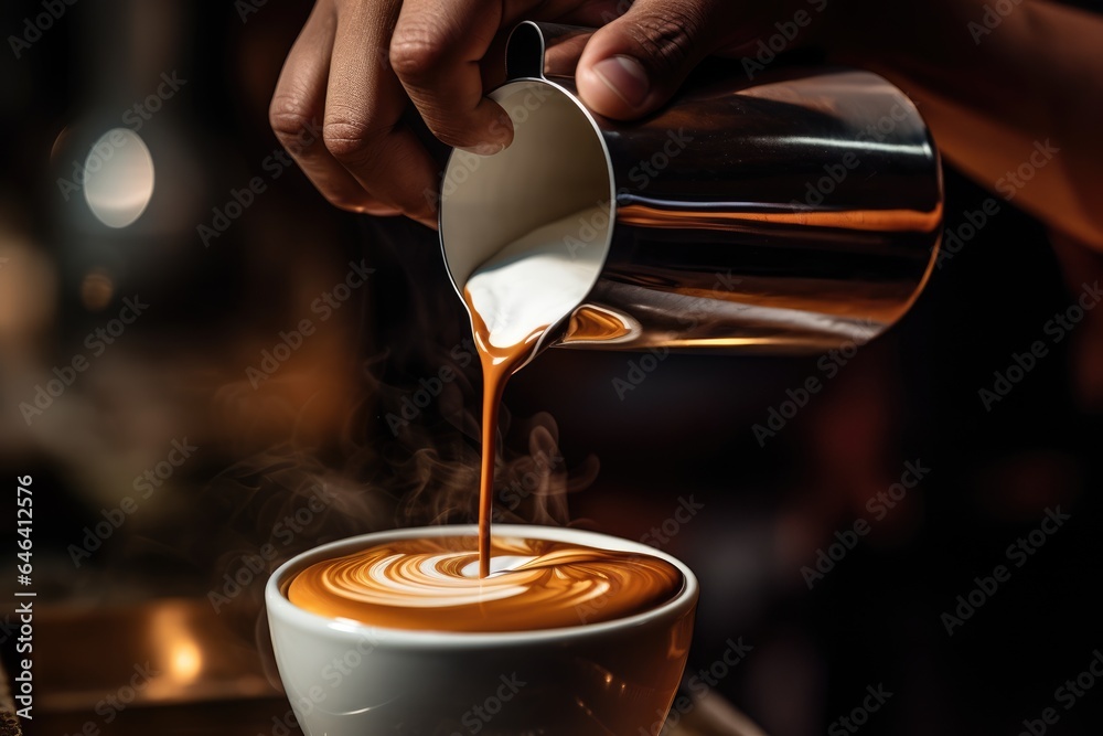 Coffee art. Close up of Barista hand pouring milk into cup of coffee ...