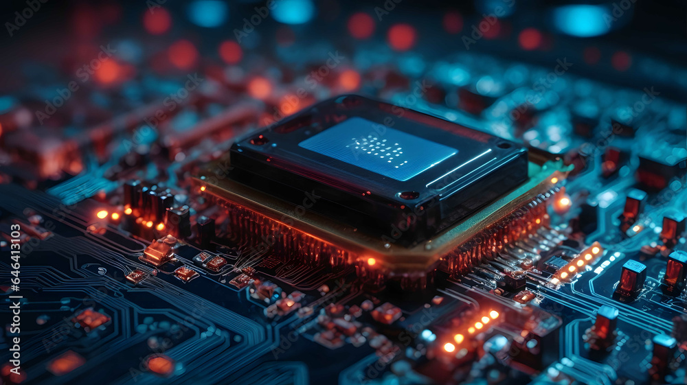 A macro photograph of a dense AI processor chip backlit in deep blue ...