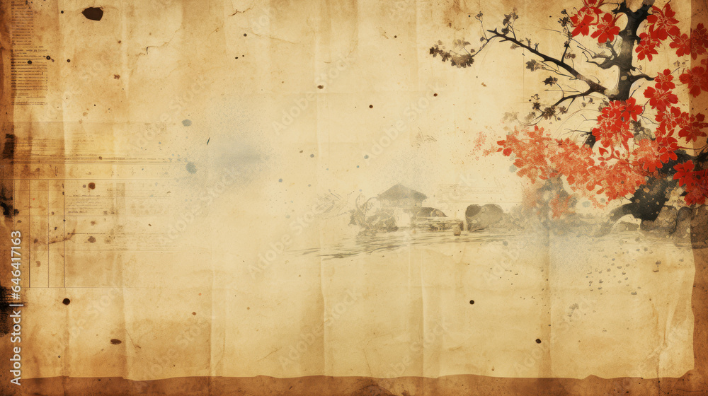 Vintage traditional Japanese painting . Painting on old paper ...