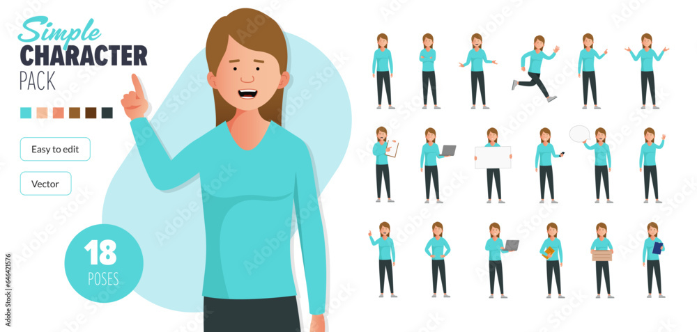 Simple flat female vector character in a set of multiple poses. Easy to ...