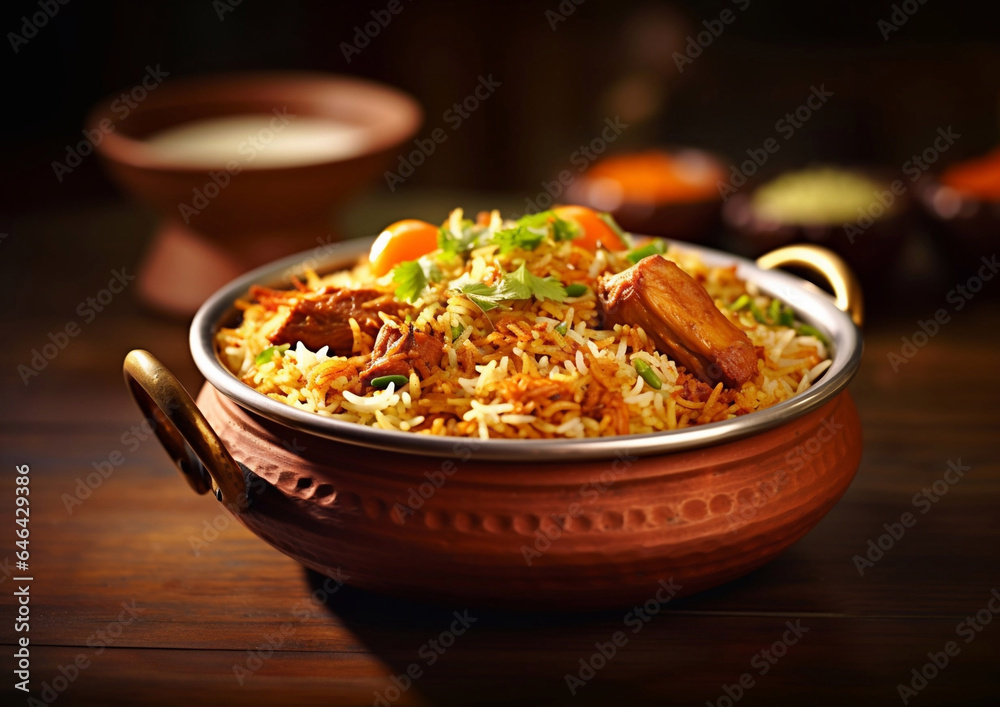 Traditional iranian biryani meal with chicken and rice on table.Macro ...