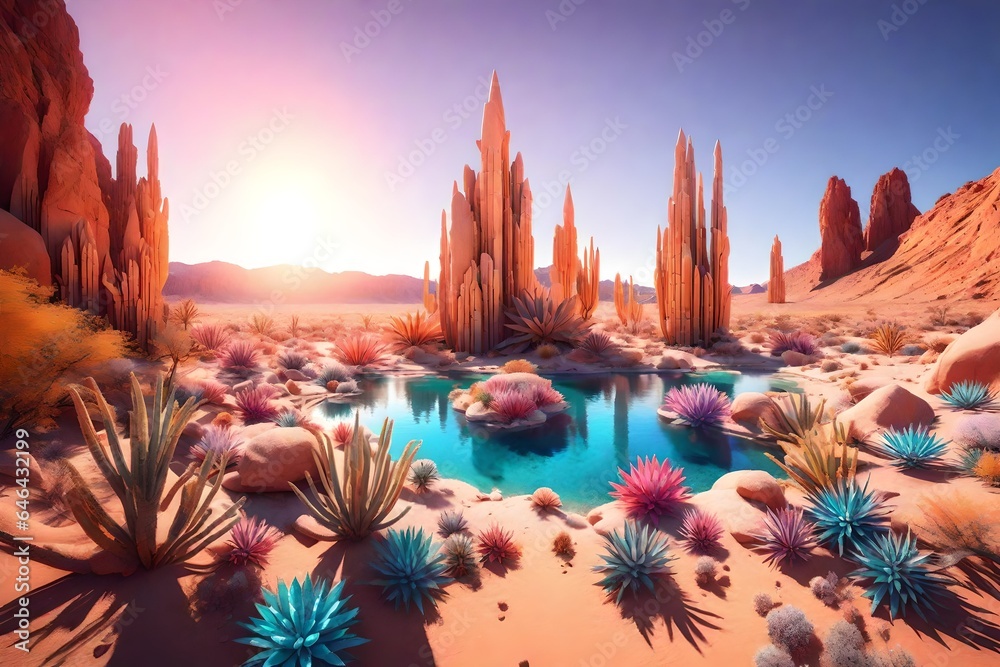 Crystaline Desert Oasis Design an otherworldly desert landscape with ...