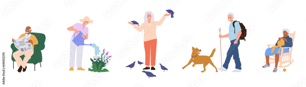 Happy retirement elderly people cartoon character daily routine at home ...