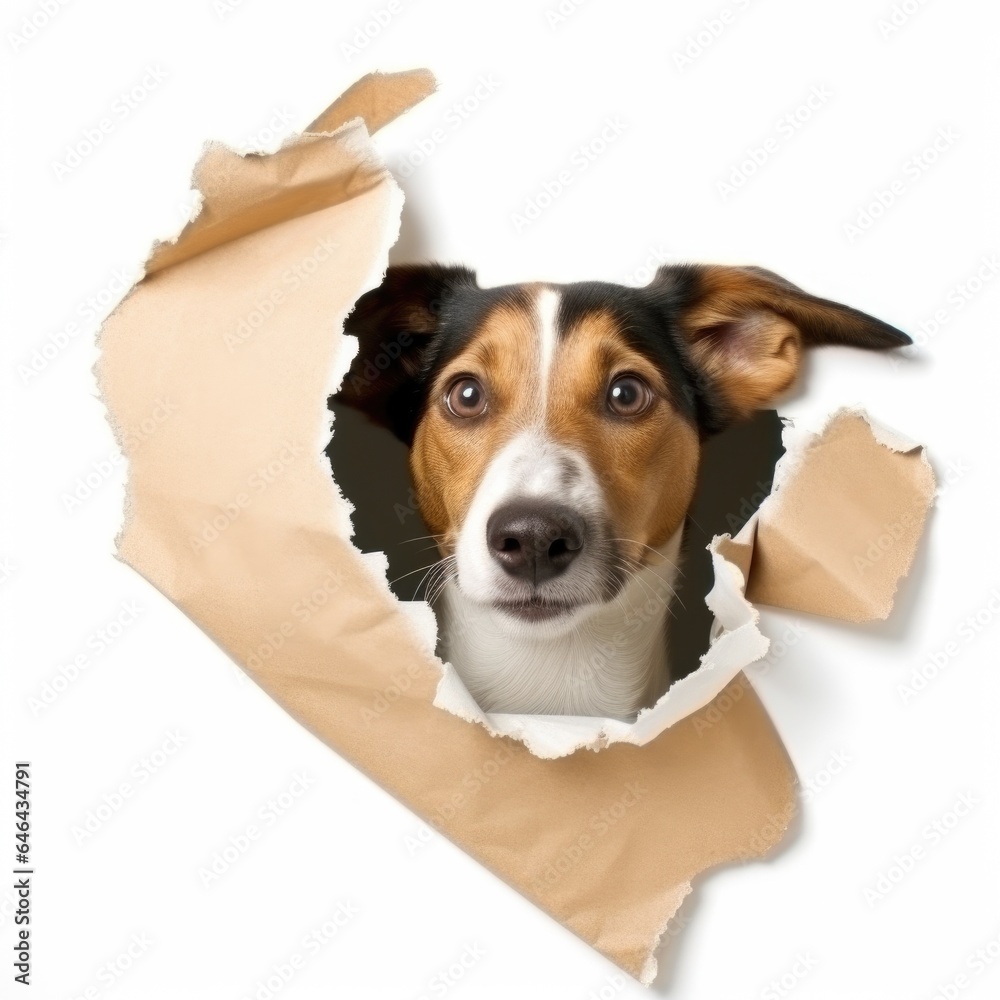 Cute dog peeking out of paper hole, AI Generated Stock Illustration ...