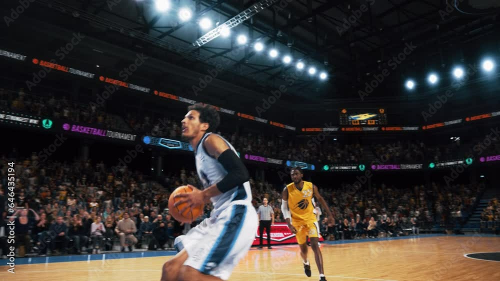 Athletic Multiethnic Player Scores a Slam Dunk with Two Hands in Front ...