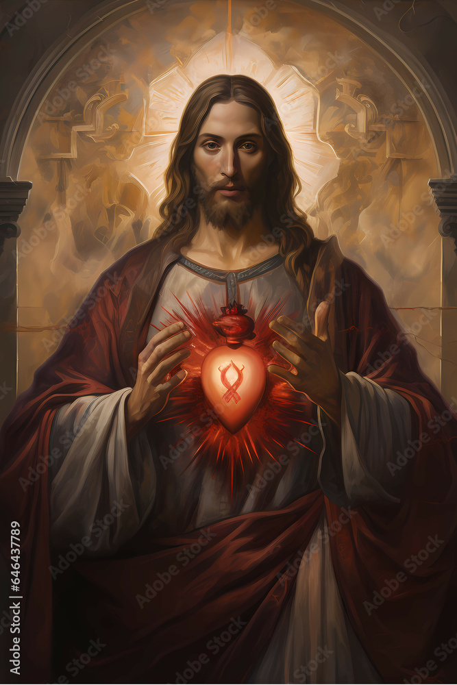 Jesus Christ holding immaculate burning sacred heart, catholic artwork ...