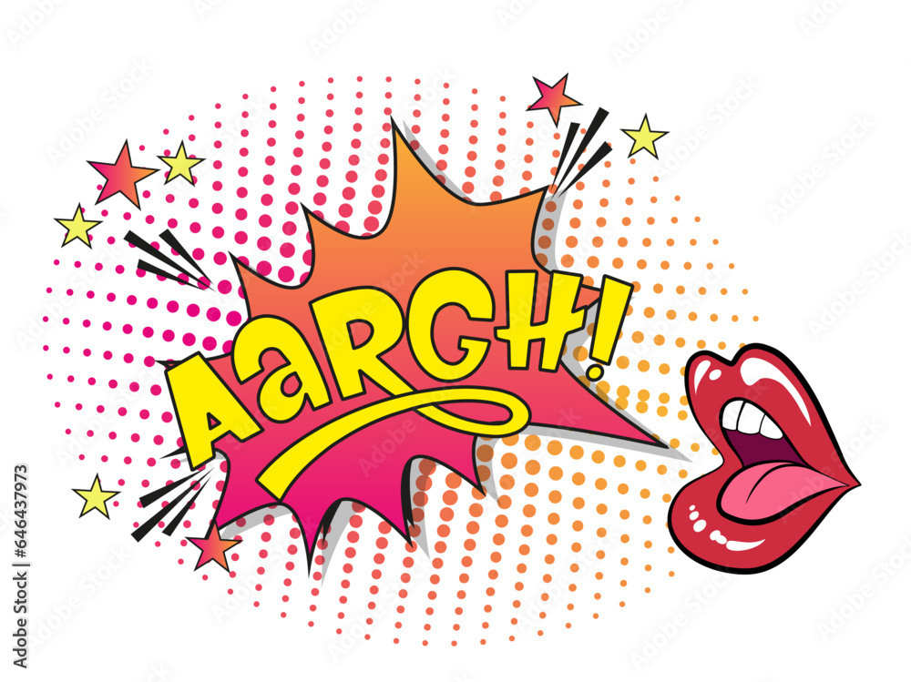 Comic lettering aargh with red lips and an open mouth. Vector bright ...