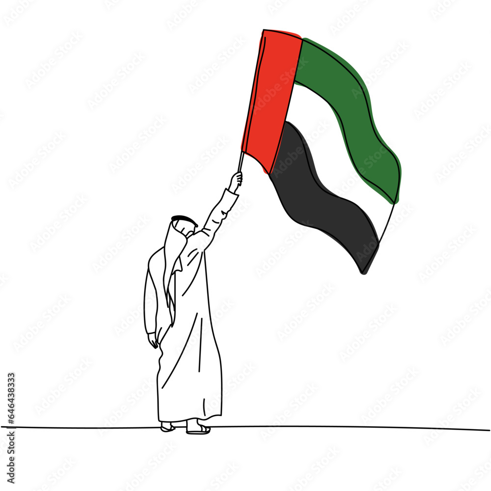 Illustration of an Arab man holding UAE emirates flag line art. UAE ...