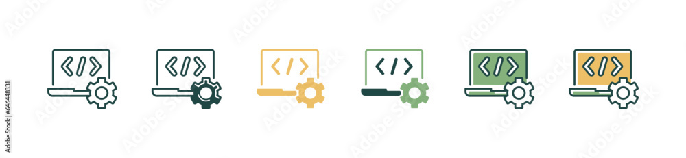 software developer programming icon with laptop and cog gear vector code building management ...