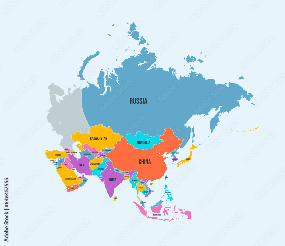 Asia continent political map. Tapestry of Asia with country borders and ...
