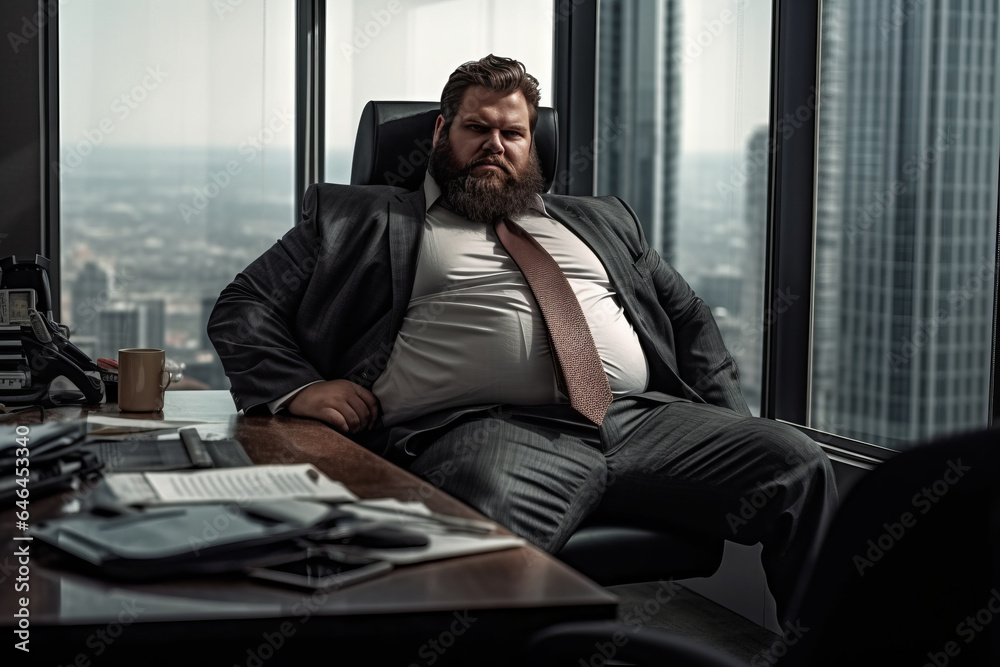 Fat business boss working in high rise office,generative ai Stock Photo ...