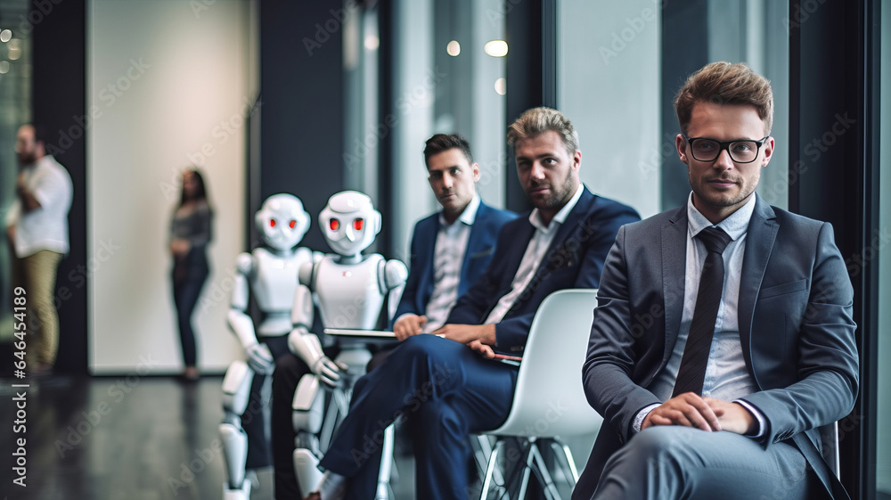 Business people and humanoid AI robot sitting and waiting for a job ...