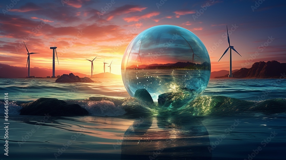 glass globe floating above a serene ocean at sunset, with wind turbines ...