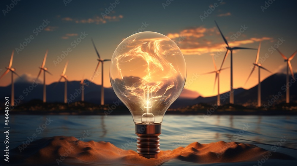 Showcase a light bulb formed from a swirling vortex of wind turbines ...