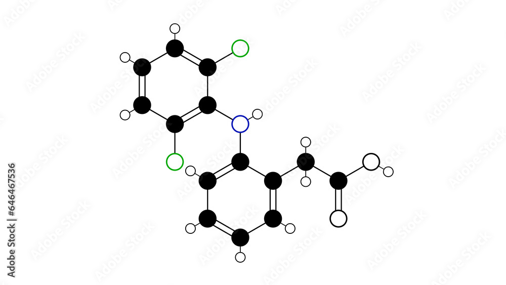 ภาพประกอบสต็อก diclofenac molecule, structural chemical formula, ball ...