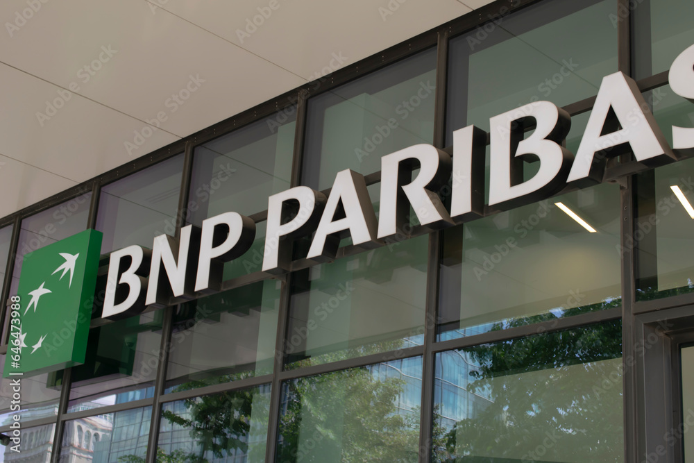 WARSAW, POLAND - 07, 15, 2023: window of the BNP Paribas bank building ...