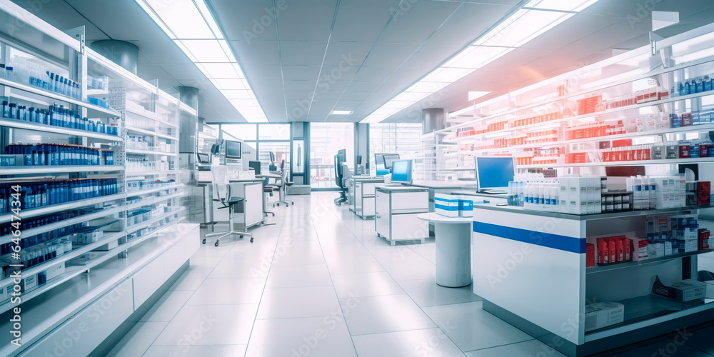 hospital pharmacy, showcasing the shelves stocked with medications, the ...