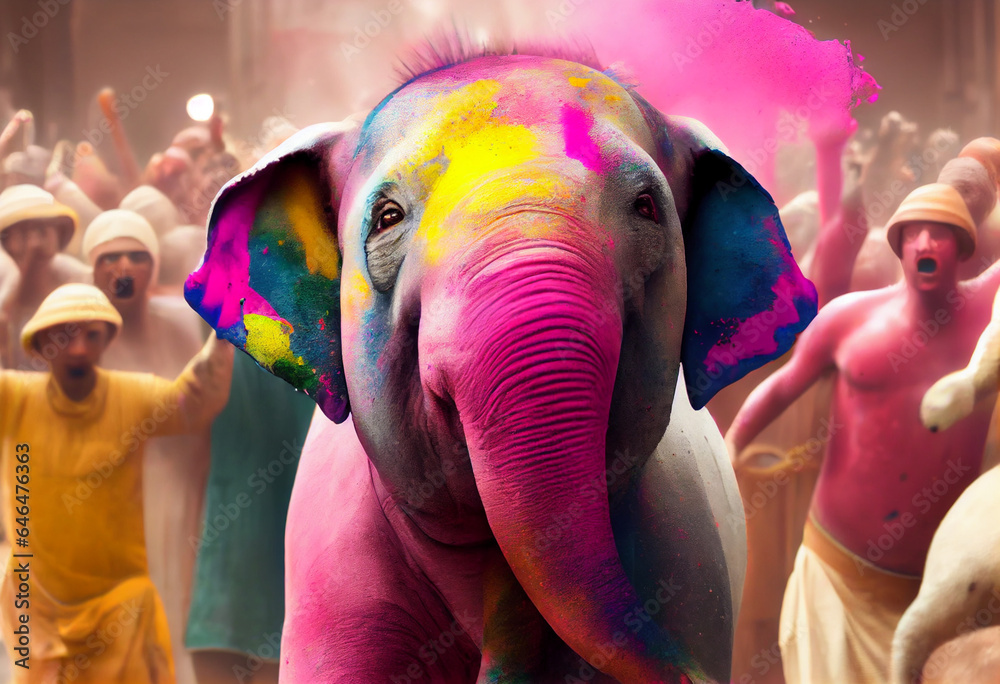 Cartoon illustration; many different animals on holi festival. All ...