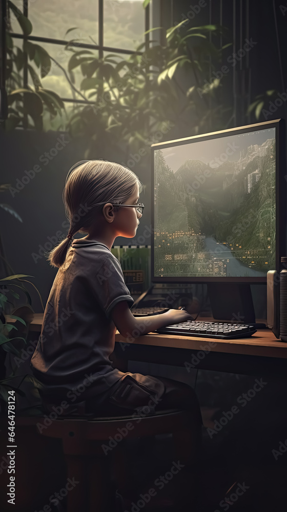 Genius Little boy as a Hacker is coding and programming on in outdoor ...