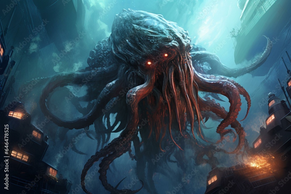 An image of a massive squid attacking a submarine, inspired by Jules ...