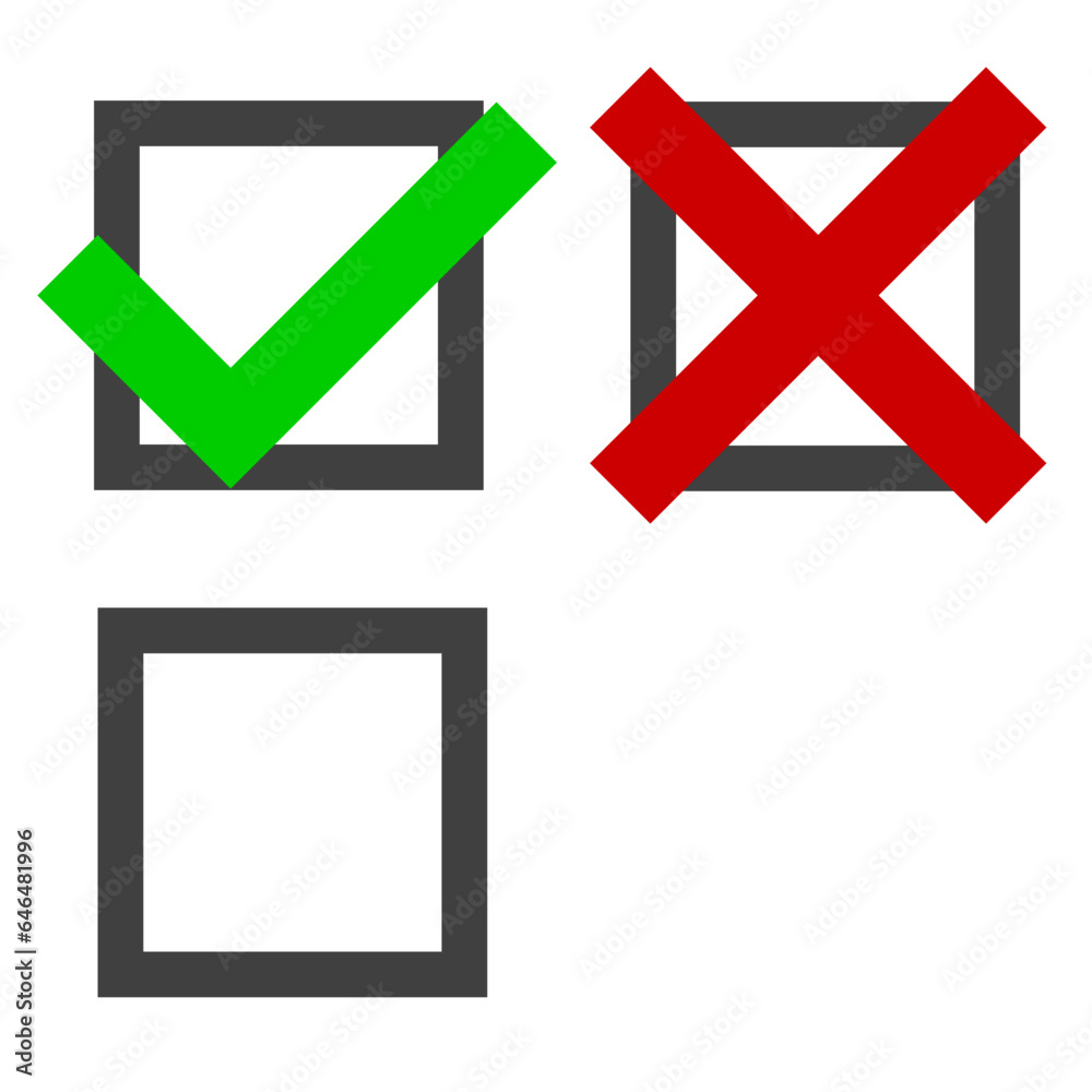 Collection of blank checkbox, with green check or red cross in flat ...
