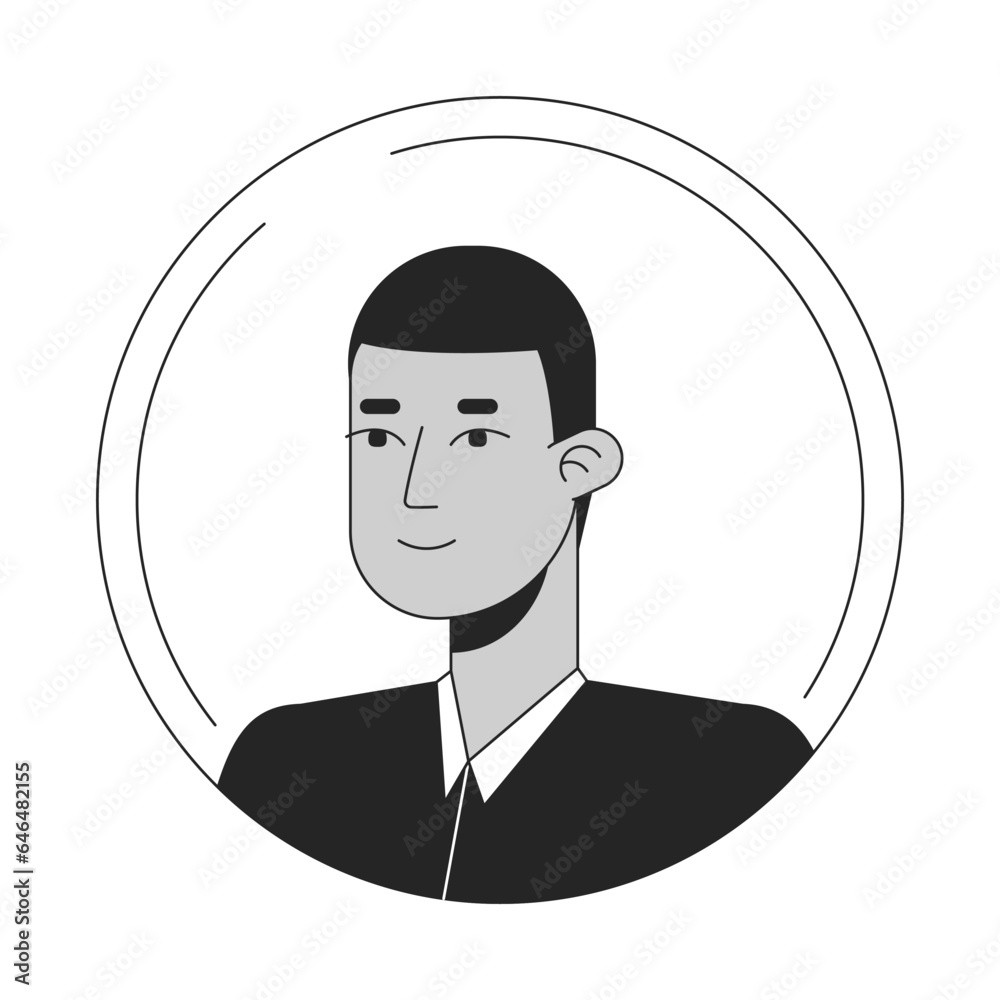 Young indian man black white cartoon avatar icon. Brunette. Short hair ...