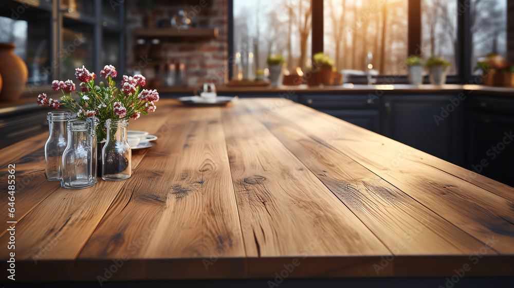 Empty wooden table and blurred kitchen background - generative ai Stock ...