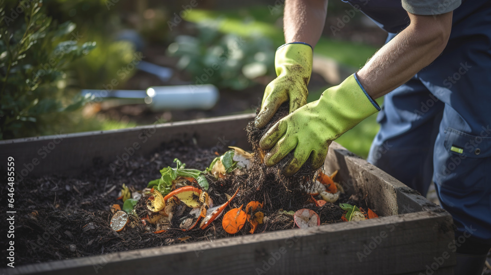 Person composting food waste in backyard compost bin garden Stock Photo ...
