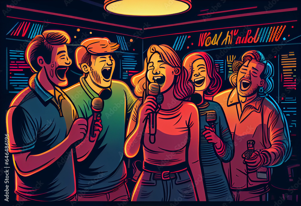 Cartoon illustration, a group of people sings in karaoke. Comic style ...