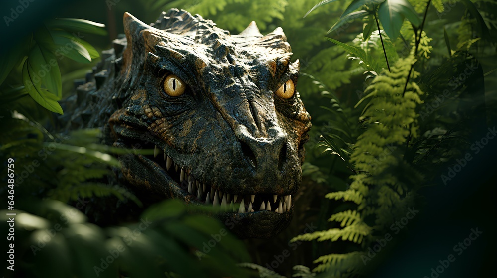 Dinosaur with yellow eyes stalking prey in prehistoric jungle ...