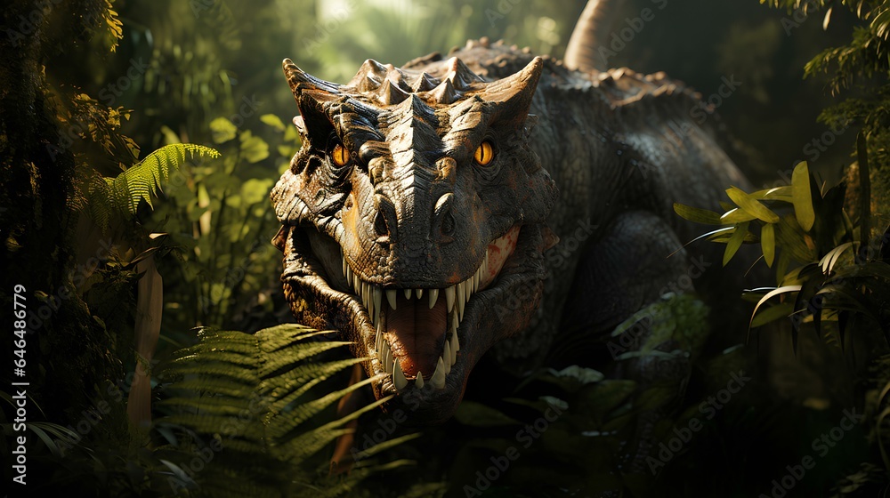 Dinosaur with yellow eyes stalking prey in prehistoric jungle ...