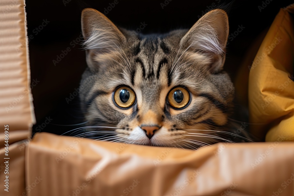 Curious Cat Peering from Cardboard Box - Focused Feline Eyes - Playful ...