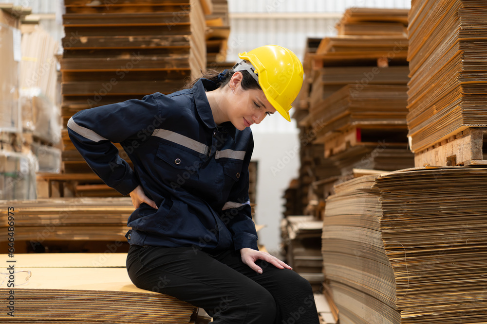 Warehouse worker sitting on the floor in front of stack of cardboard ...