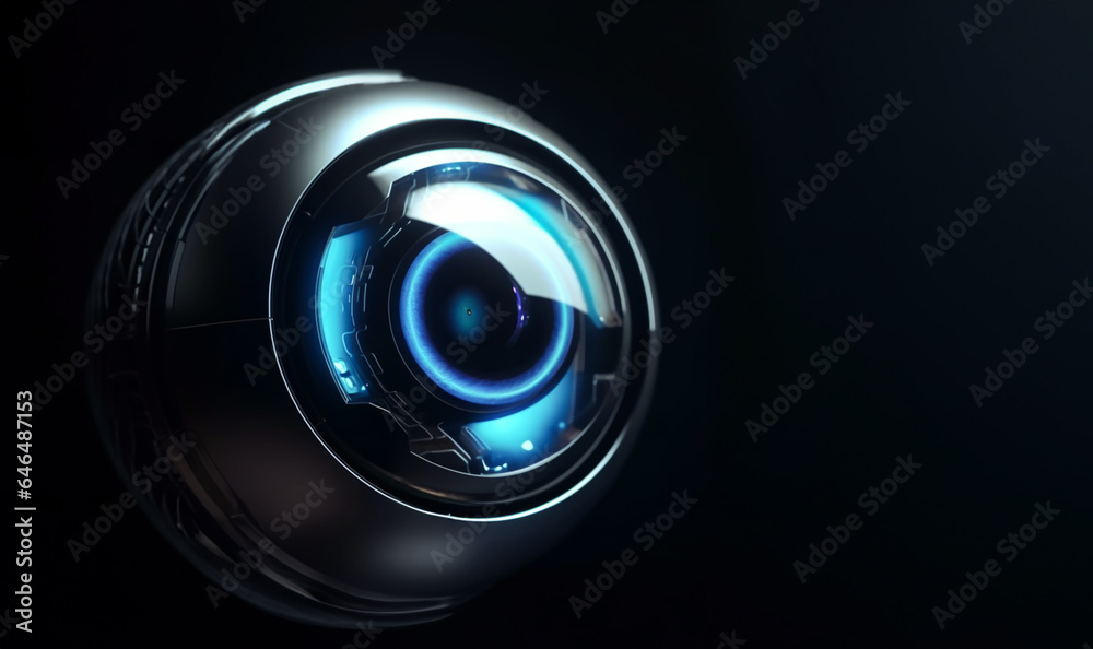 Camera lens. Camera in the form of an eye, with a blue lens, looks from ...