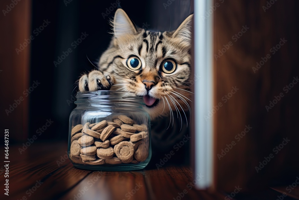 Caught in the Act - Adorable Tabby Cat with Paw in Cookie Jar - Guilty ...