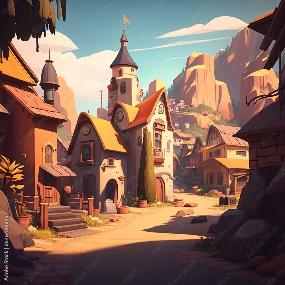 Cartoonish traditional medieval church in a public street with white ...