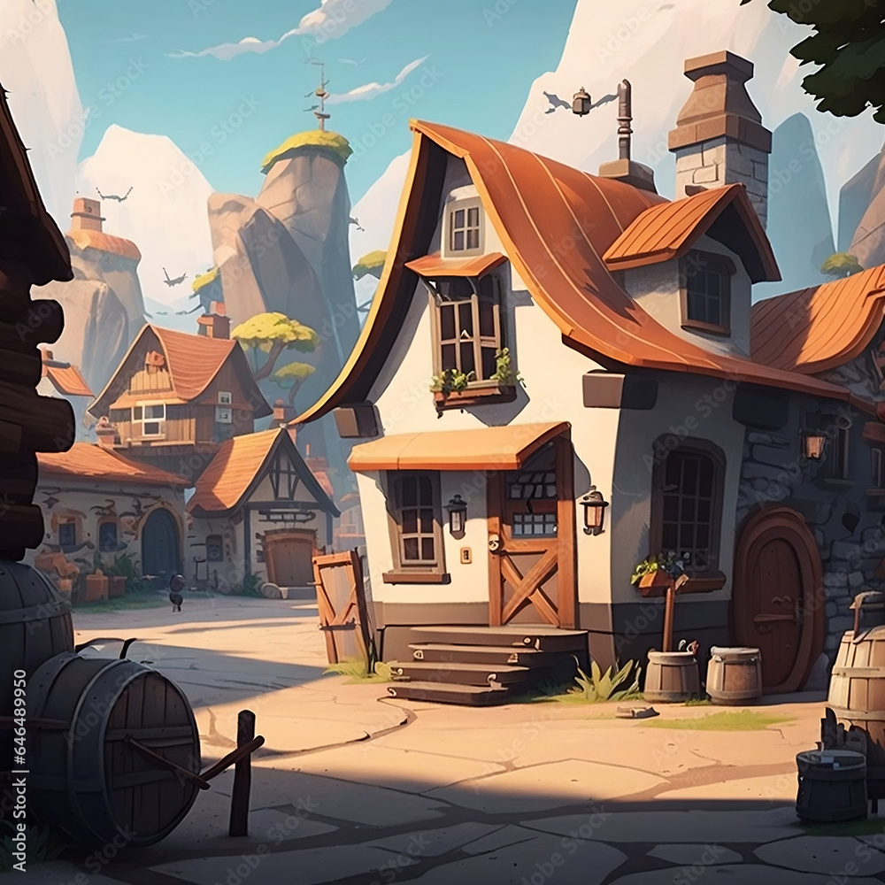 Cartoonish traditional medieval house in a public street with white ...