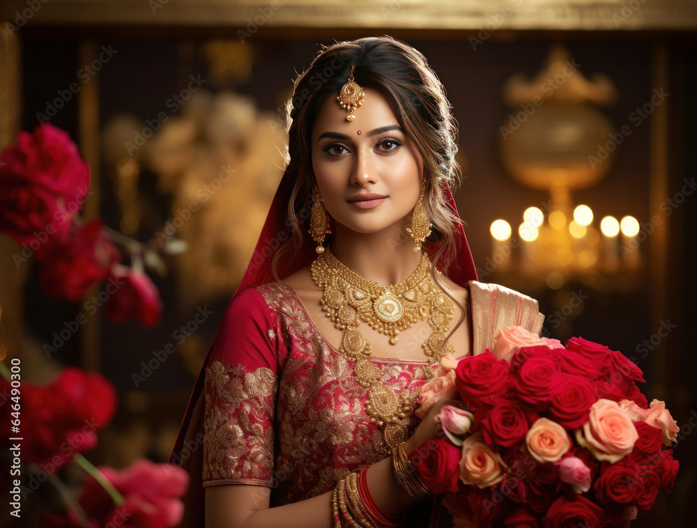 Indian pretty bride holding flower bouquet or bunch, wears red saree ...